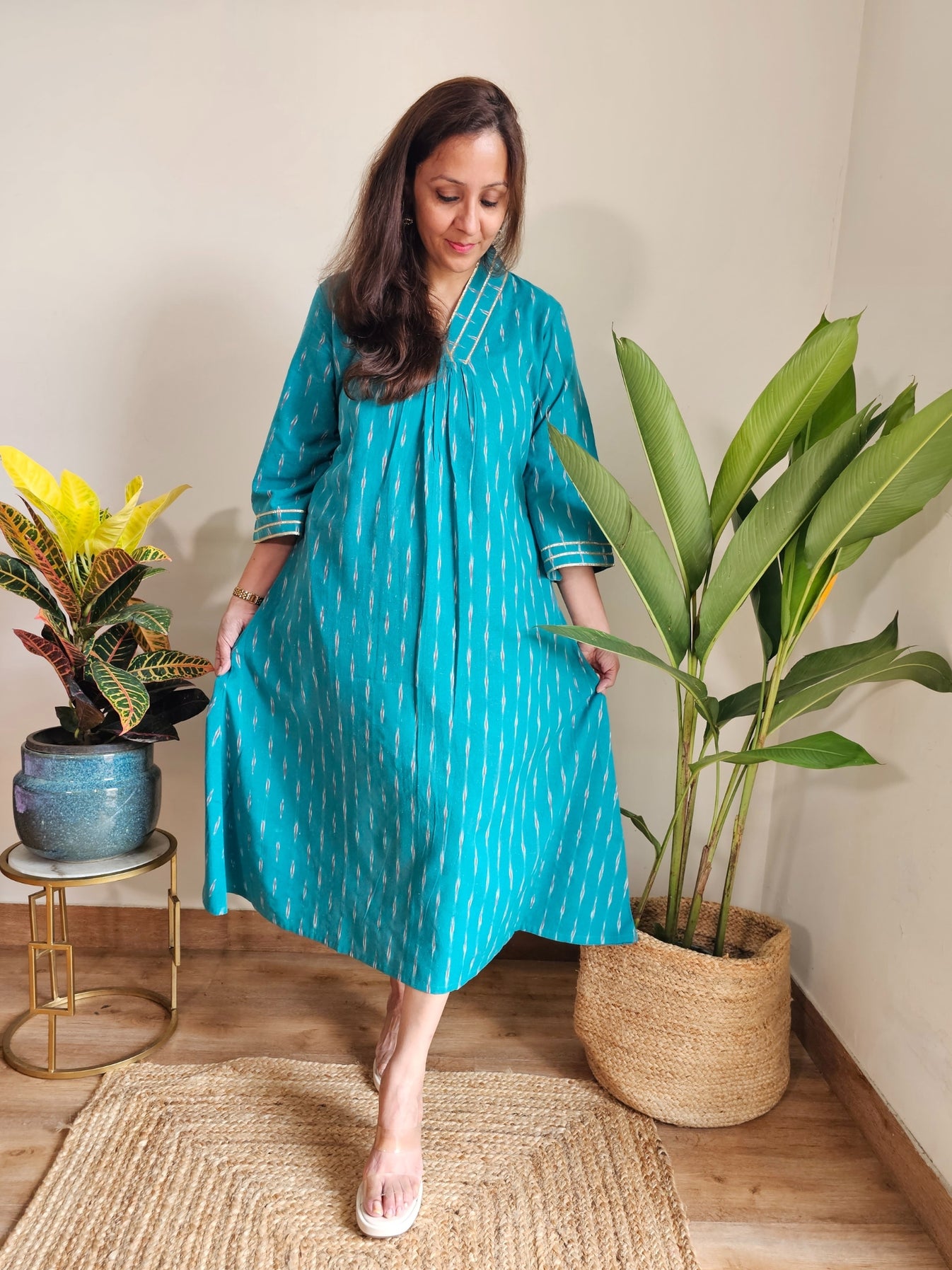 Green Ikkat Cotton Gota Work Festive Wear Dress | CraftsandLooms – CraftsandLooms.com